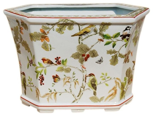 Beautiful Oriental Floral and Bird Motif Hexagonal Porcelain Pot ...