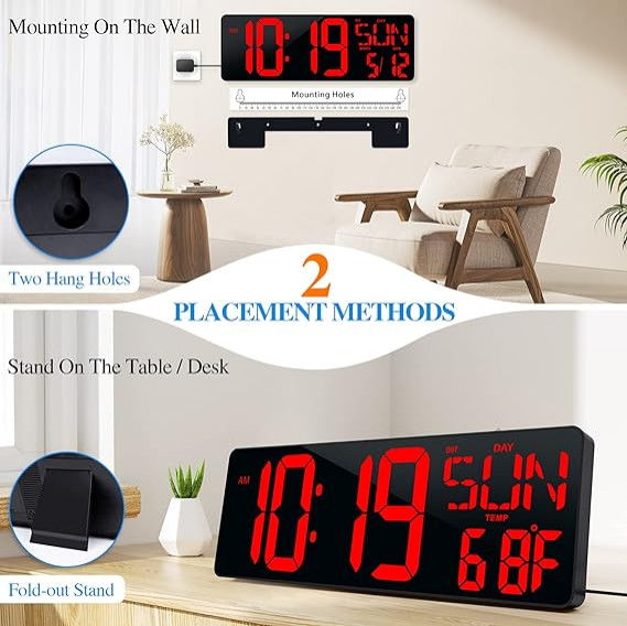 Large Digital Wall Clock with Remote Control 17.2" LED Large Display ...