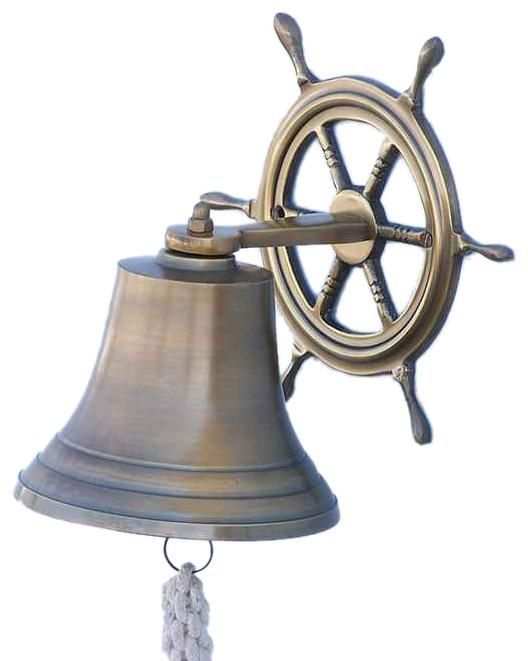 Antique Brass Hanging Ship Wheel Bell 7'', Brass Bell, Nautical Decor ...