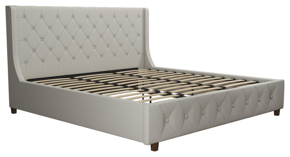 Elegant King Size Platform Bed, Bentwood Slats & Button Tufted Wing ...