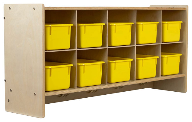 10 Section Wood Cubbies Storage, Yellow Bins, Wall Hanging Organizers ...