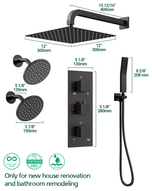 Triple Shower Head 12" Thermostatic Shower System With Handheld Shower ...