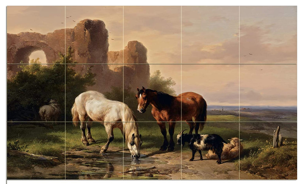 Tile Mural WATERING HORSES NEAR A RUIN animals Backsplash, Four Inch ...