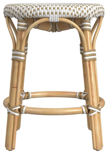 Home Square 18" Rattan Round Stool - White and Tan Dot - Set of 3 ...