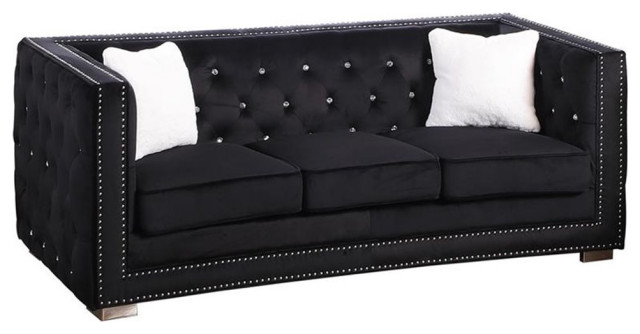 Best Master DeLuca Embellished Fabric Tufted Living Room Sofa in Black ...