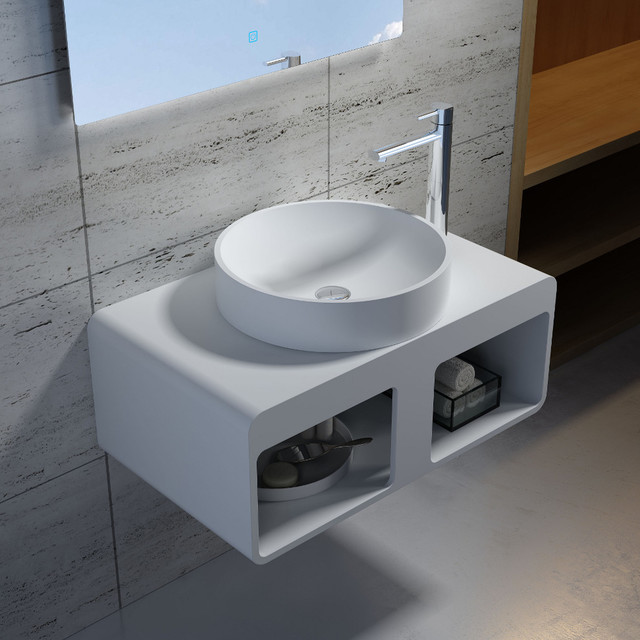 Polystone Round Vessel Bathroom Sink, Matte White, No Faucet ...