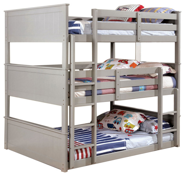 Three Tier Wooden Full Size Bunk Bed with 2 Attached Ladders, Gray ...