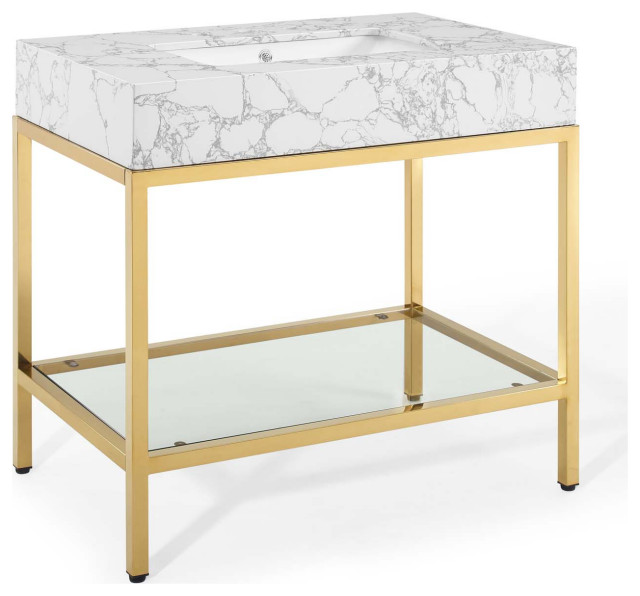Kingsley 36" Gold Stainless Steel Bathroom Vanity, Gold White ...
