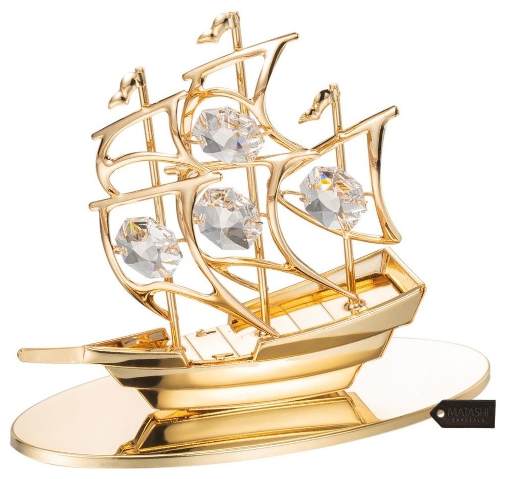 24K Gold Plated Crystal Studded Mayflower Sailing Ship Ornament - Beach ...