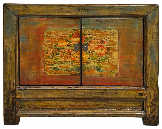 Chinese Gansu Style Distressed Lime Olive Green Scenery Console Cabinet ...