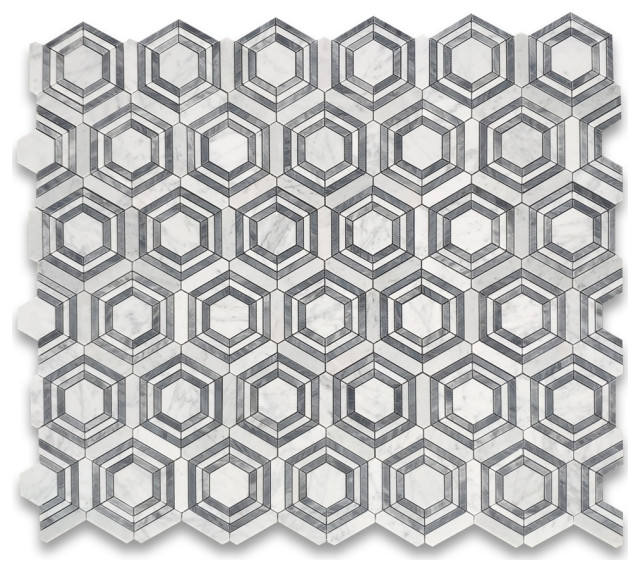 Carrara White Gray Marble Hexagon Georama Geometric Mosaic Tile Honed ...