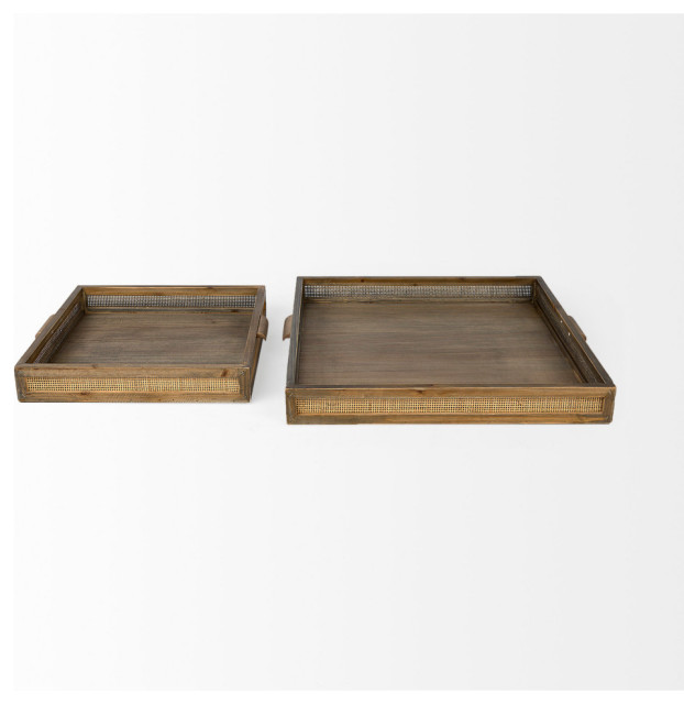 Mercana "Sonny" Medium Brown Wood & Wicker Square Trays, 2-Piece Set ...