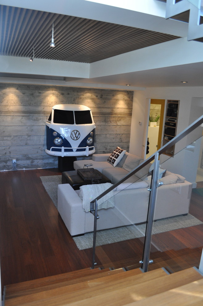 Basement addition - exposed concrete walls, wood grille ceiling ...