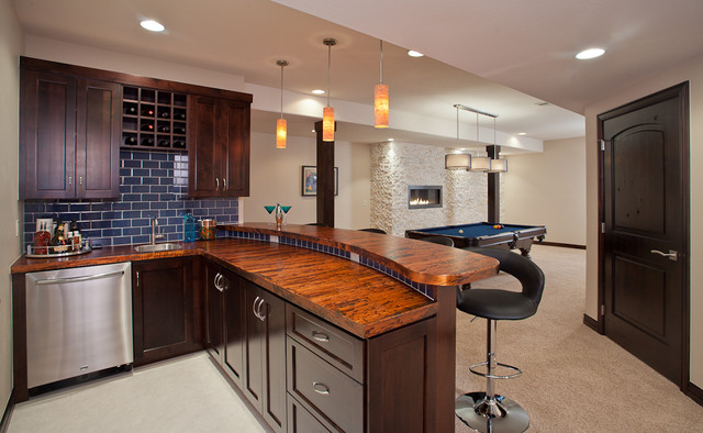 Basement Bar with Ledgestone Wall - Contemporary - Basement - Denver ...