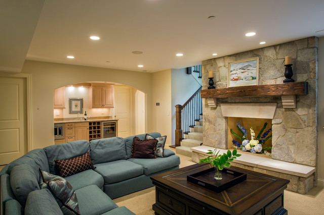 Basement Family Room with Stone Fireplace and Wet Bar - Traditional ...
