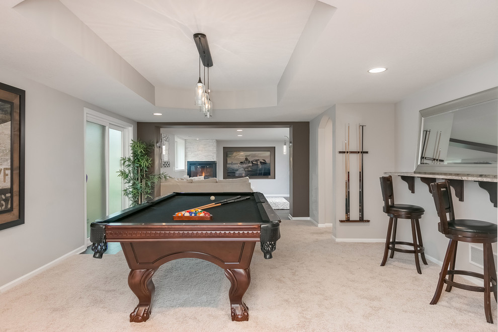 Basement great room with pool table and home theater - Transitional ...
