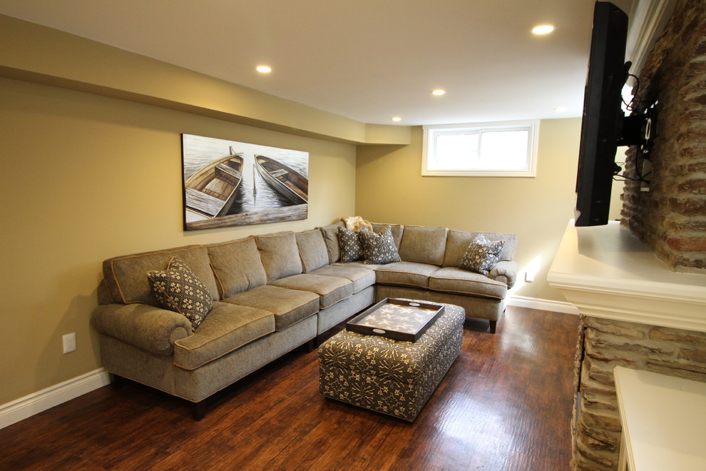 Basement recreation room new stone fireplace and built-ins - Rustic ...
