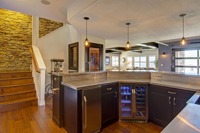 Basement Stairs Metal Bar Countertop - Transitional - Basement - Denver ...