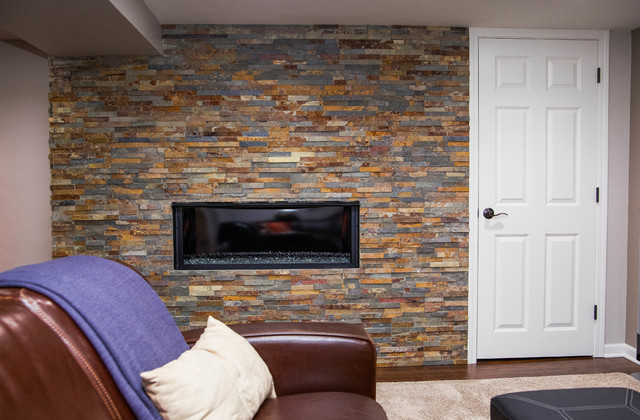 Basement with Stone Fireplace and Half Bathroom - Modern - Basement ...