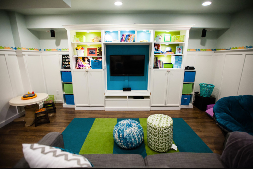 E-designed Finished Basement for Sweet Family - Transitional - Basement ...