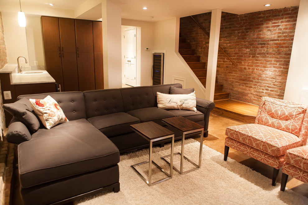 exposed brick wall and custom lighting - Transitional - Basement - DC ...