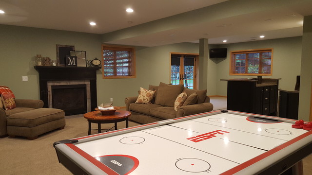 Finished Basement Creates Family Fun Space - Transitional - Basement ...