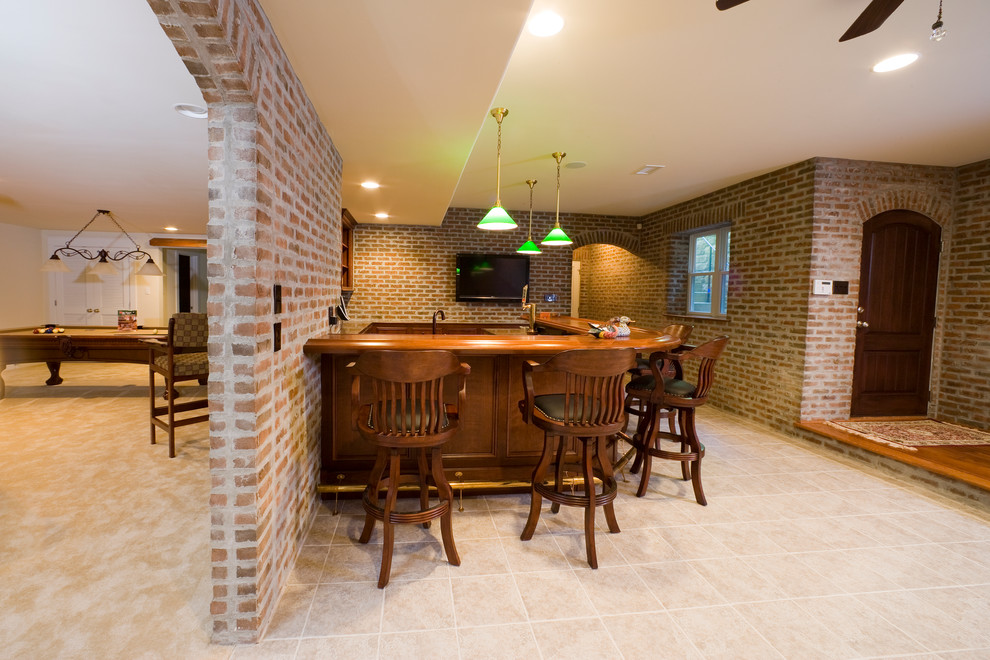 Finished Brick Basement Bar Room/Game Room - Traditional - Basement ...
