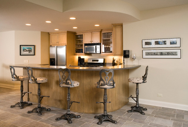 Maple Cabinet Basement Wet Bar With Granite Countertops Traditional