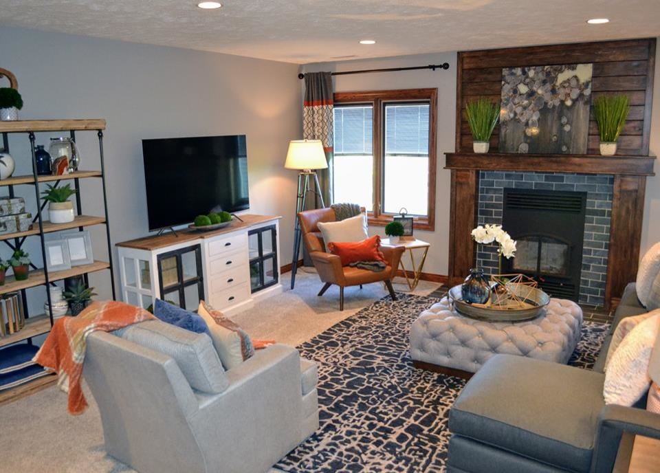 Navy and Orange Basement Family Room - Transitional - Basement - Omaha ...