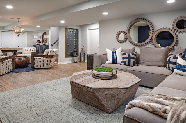 Retro Record Player Basement with Blue Accent Wall - Midcentury ...