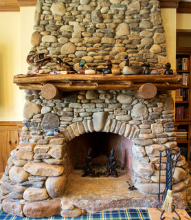 Rustic Rocky Springs Finished Basement Fireplace - Craftsman - Basement ...