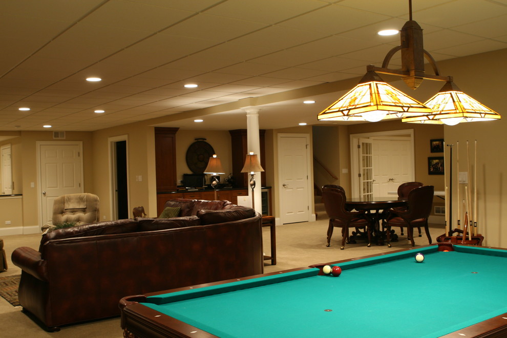 Spacious Basement Rec Room and Media Room - Traditional - Basement ...