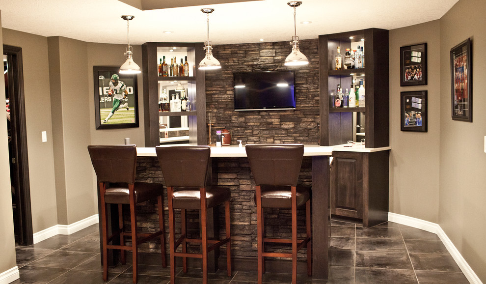 Stone basement wetbar and dark wood cabinetry - Transitional - Home Bar ...