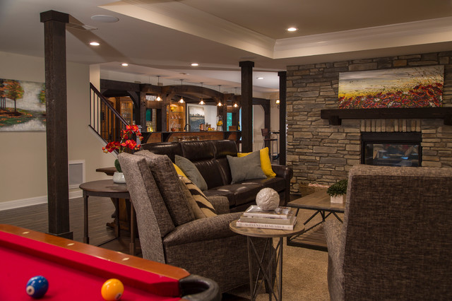 Timber Frame Bar & Finished Basement - Rustic - Basement - Detroit - by ...