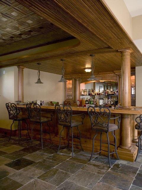 Wet Bar with Slate Tile Floor, Tin Ceiling and Knotty Alder Cabinetry ...