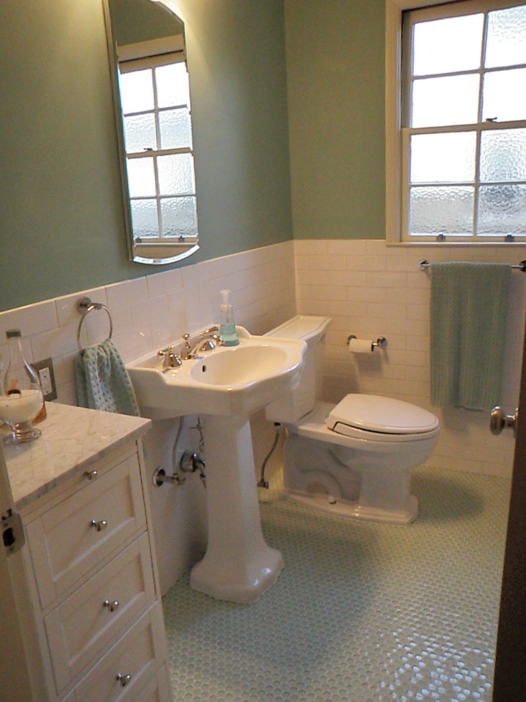 1940'3 bath room up date with glass penny round floor and white subway ...