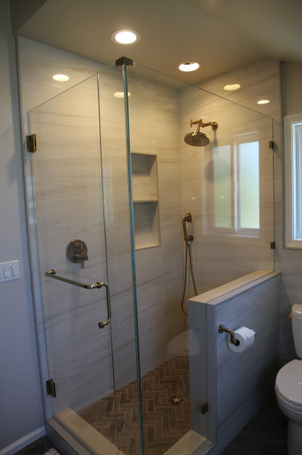 Walk in shower with large porcelain tile - Contemporary - Bathroom ...