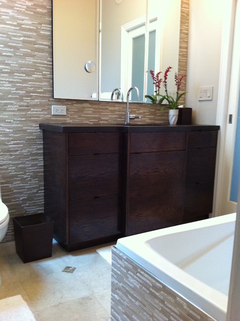 Bath Update with concrete counters and split face marble backsplash ...