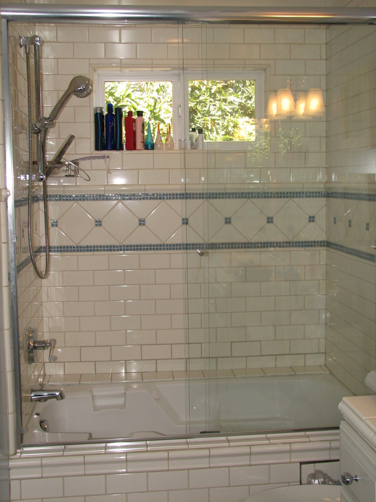 Blue Glass and White Subway Tile Teen's Tub/Shower - Traditional ...
