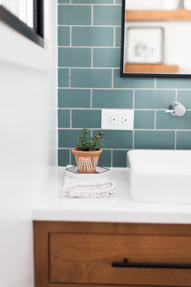 Blue Subway Tiles Backsplash with Wood Vanity - Rustic - Bathroom ...