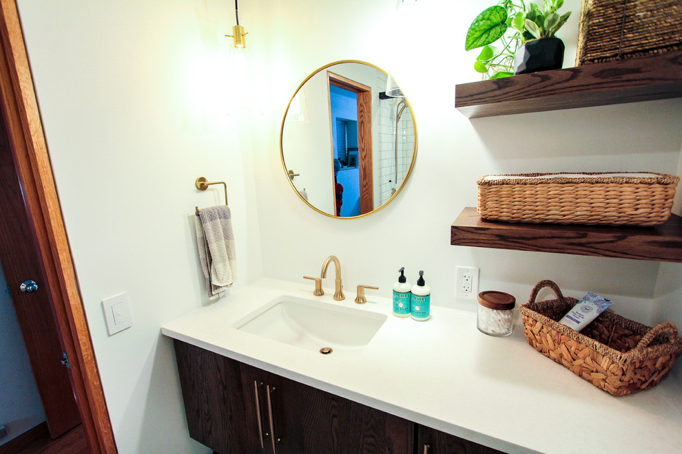Bronze Bathroom Fixtures and Wood Floating Shelves - Bathroom ...