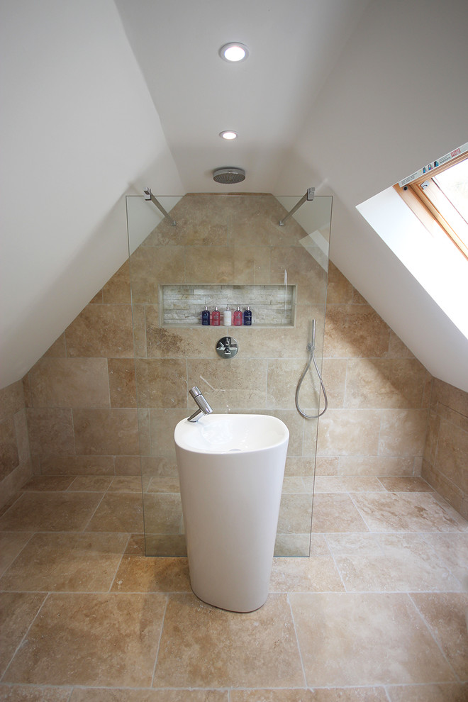 Classic loft batrhoom with linear shower and tumbled travertine tiles ...