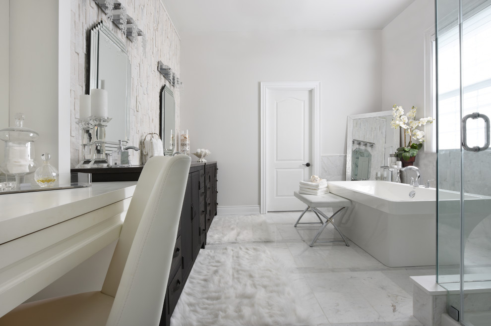 Classy and Crisp White Ensuite Bathroom with Freestanding Tub ...