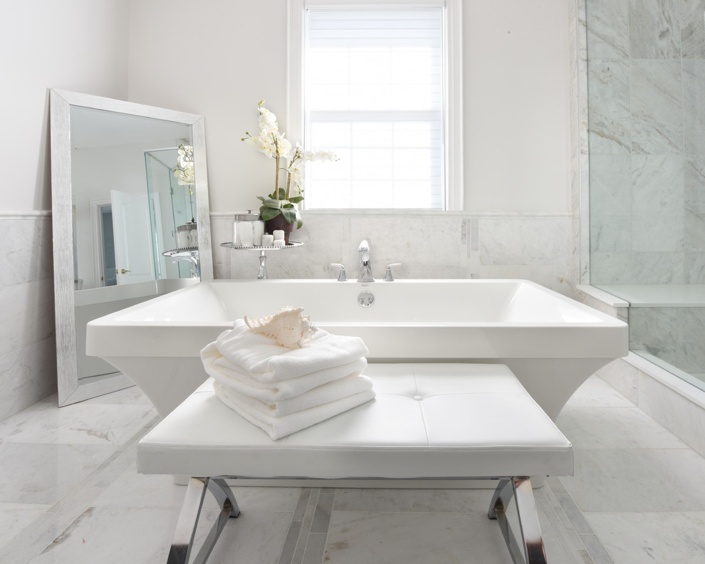 Classy and Crisp White Ensuite Bathroom with Freestanding Tub ...