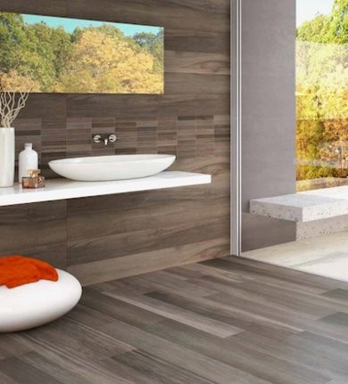 Clean spa-like look using easy care woodlook tile - Modern - Bathroom ...