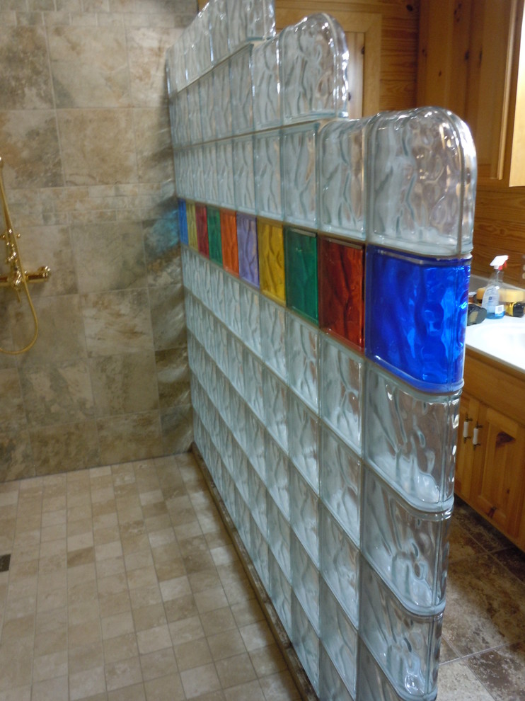 Close up of colored glass blocks in thinner walled shower - Rustic ...