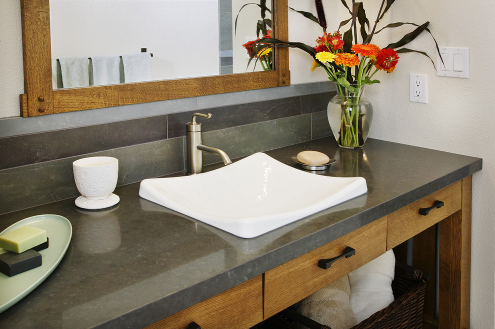 Contemporary mission open console vanity with quartz counter ...