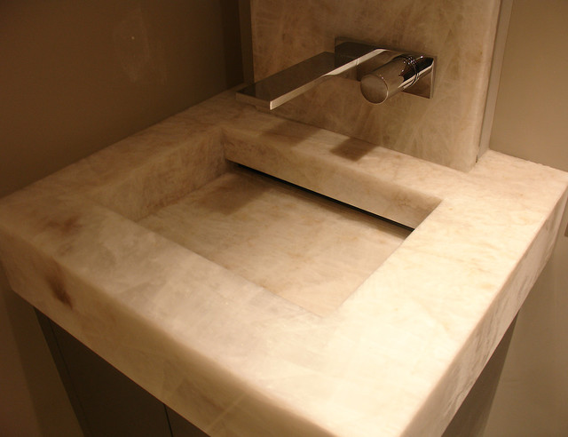 Cristallo quartzite vanity top with integrated mitred sink ...