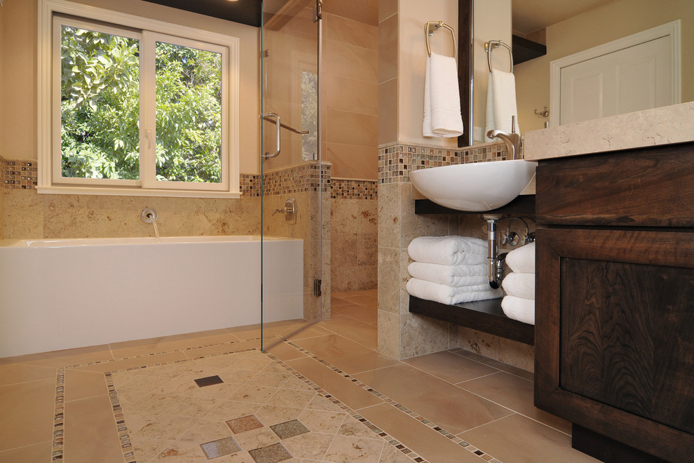 Curbless Shower with Limestone Tiles - Traditional - Bathroom - San ...