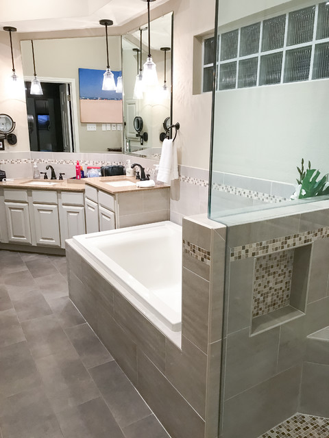 Custom bathroom remodel with Walk in shower and jet tub with grey tile ...